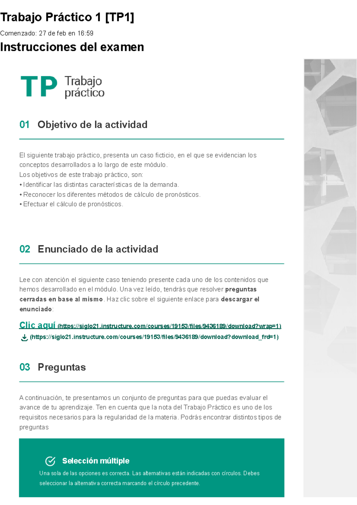 Examen Trabajo Práctico 1 [TP1] 95% - Trabajo Práctico 1 [TP1] Comenzado: 27 de feb en 16: - Studocu