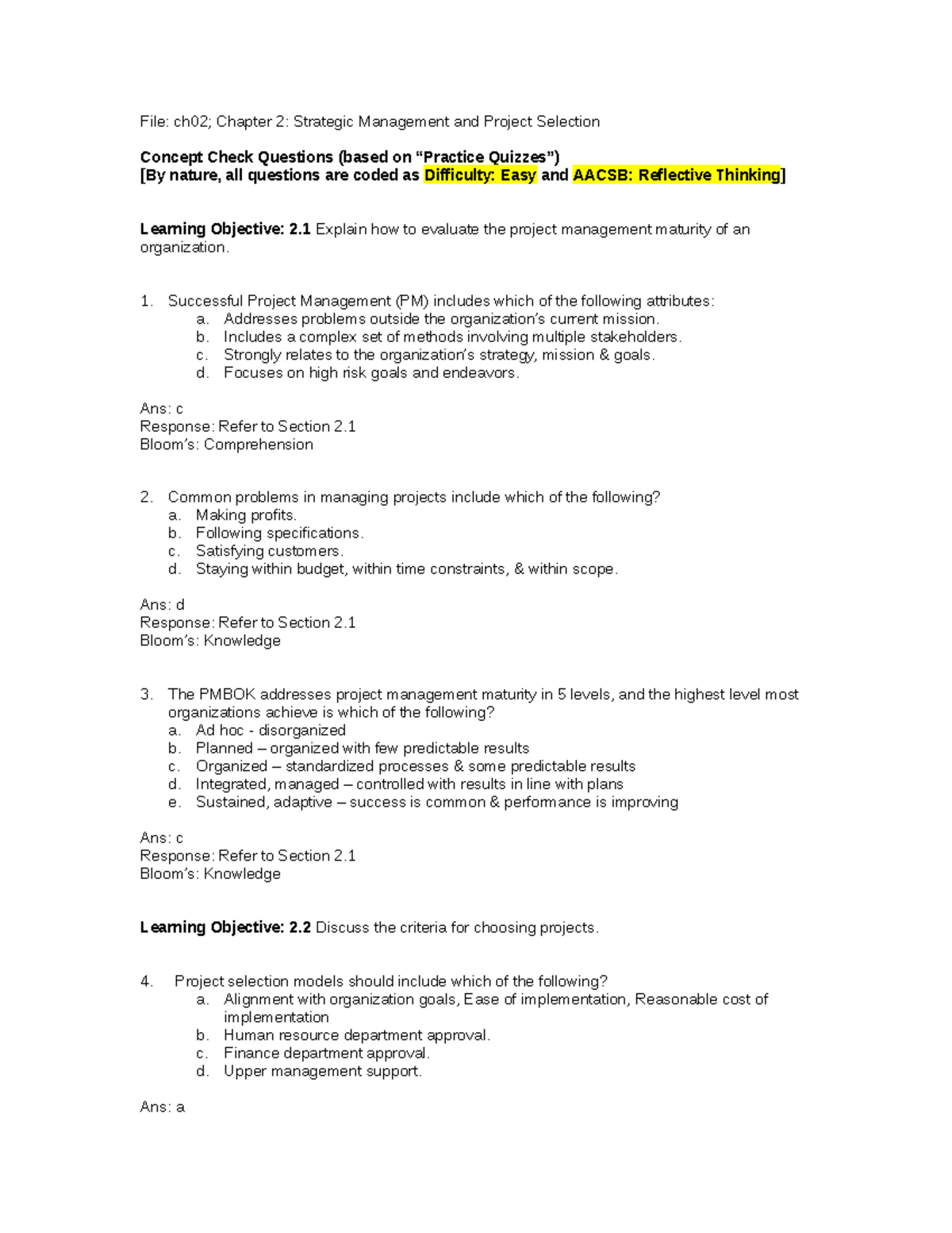 Ch02 - NON - File: ch02; Chapter 2: Strategic Management and Project ...