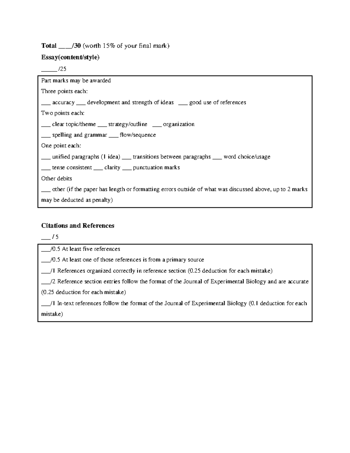 Writing assignment rubric 2023 - Total ____/30 (worth 15% of your final ...
