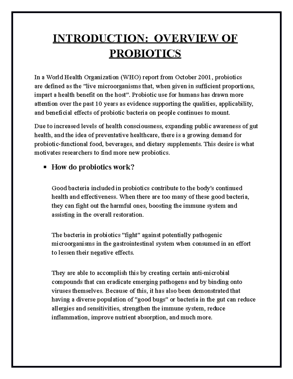 AN Overview OF Probiotics - INTRODUCTION: OVERVIEW OF PROBIOTICS In a ...