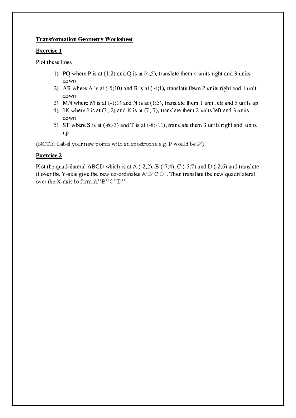 Grade 9 Transformation Geometry Worksheet - Transformation Geometry ...
