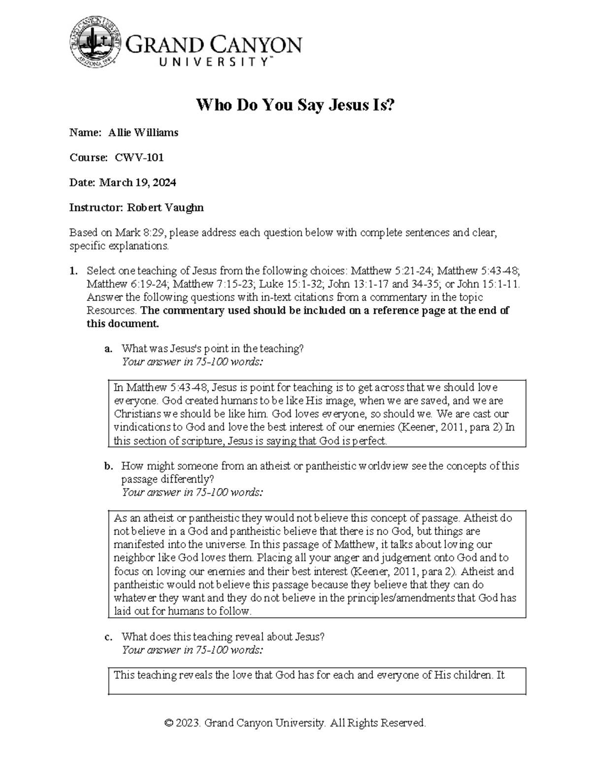 Who Do You Say Jesus is - assignment - Who Do You Say Jesus Is? Name ...