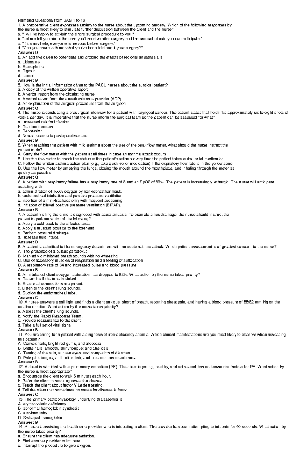 Rambled Questions from SAS 1 to 10 - MedSurg - Rambled Questions from ...
