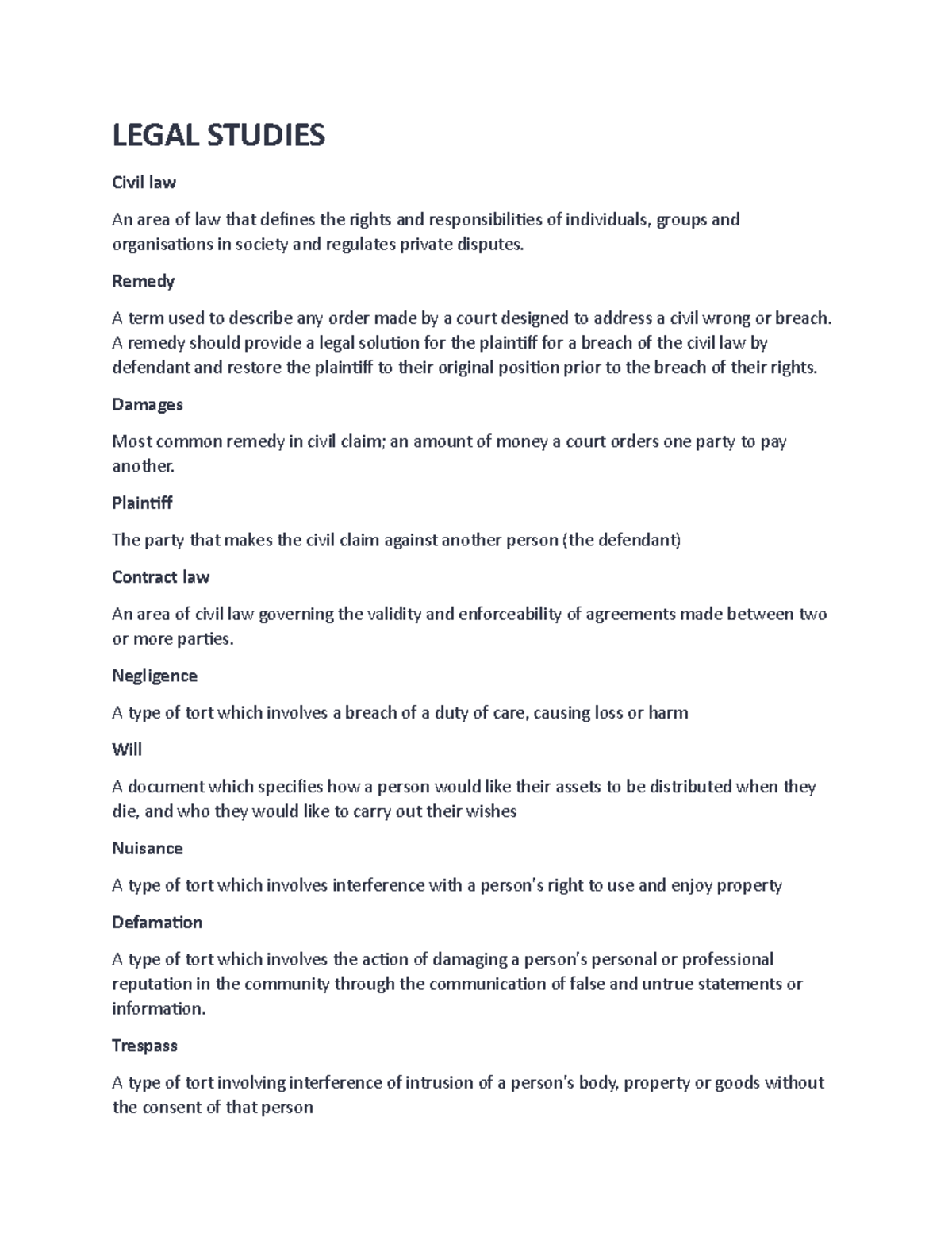 Legal Studies - LEGAL STUDIES Civil law An area of law that defines the ...