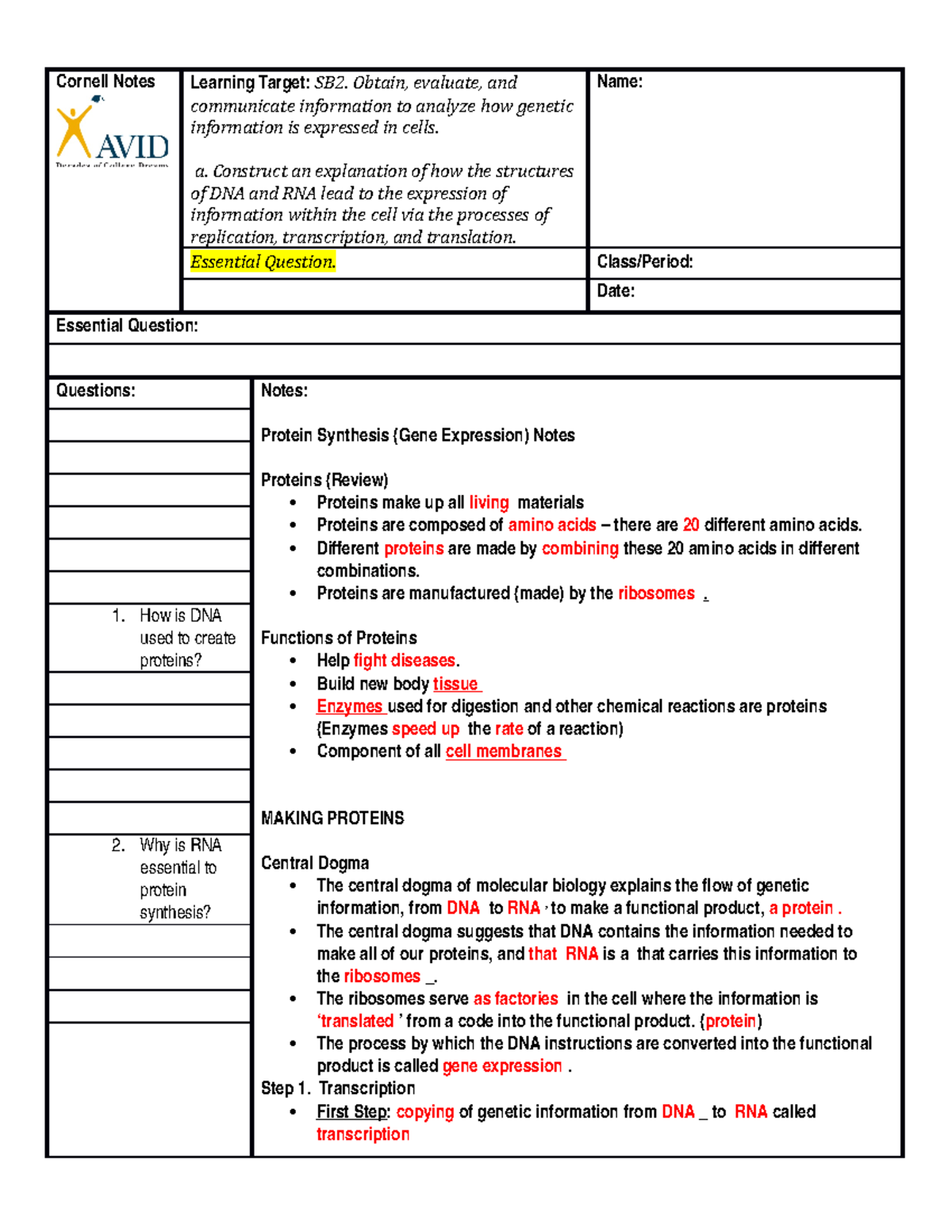 Cornell Notes Transcription Translation - Cornell Notes Learning Target ...