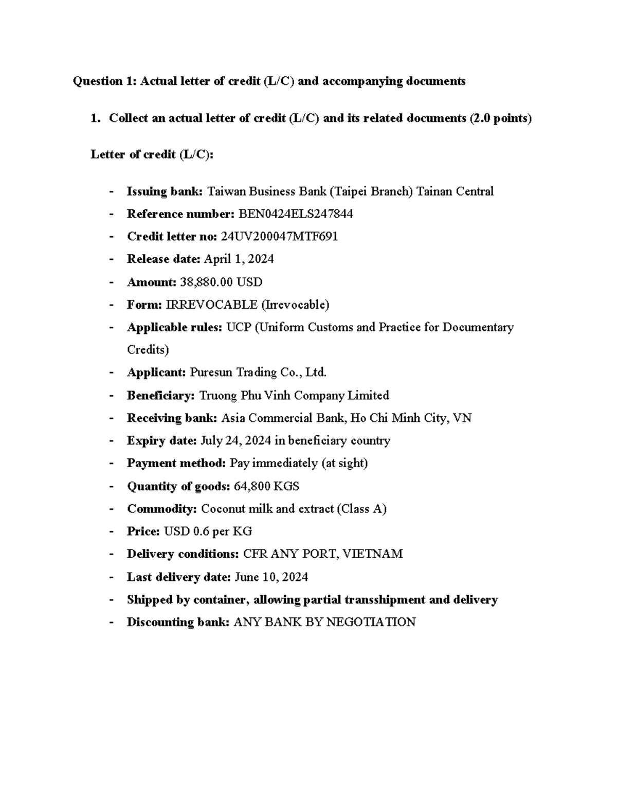 Tiếng Anh Bài tập LC - Question 1: Actual letter of credit (L/C) and ...