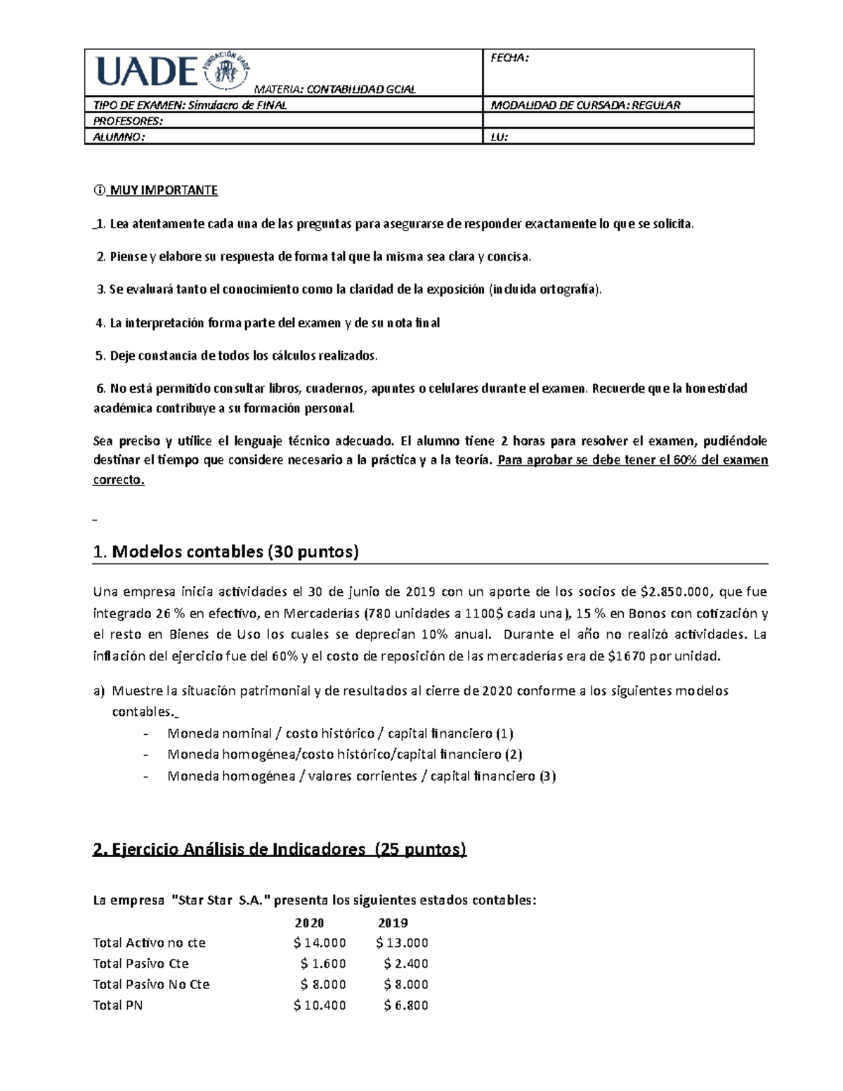 Simulacro Final Contabilidad Gerencial - MATERIA: CONTABILIDAD GCIAL FECHA: TIPO DE EXAMEN ...
