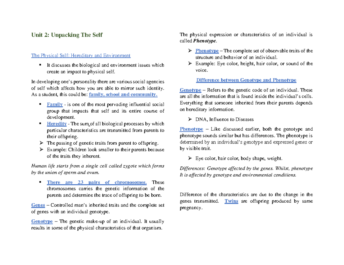 UTS - Unpacking The Self - Unit 2: Unpacking The Self The Physical Self: Hereditary and ...