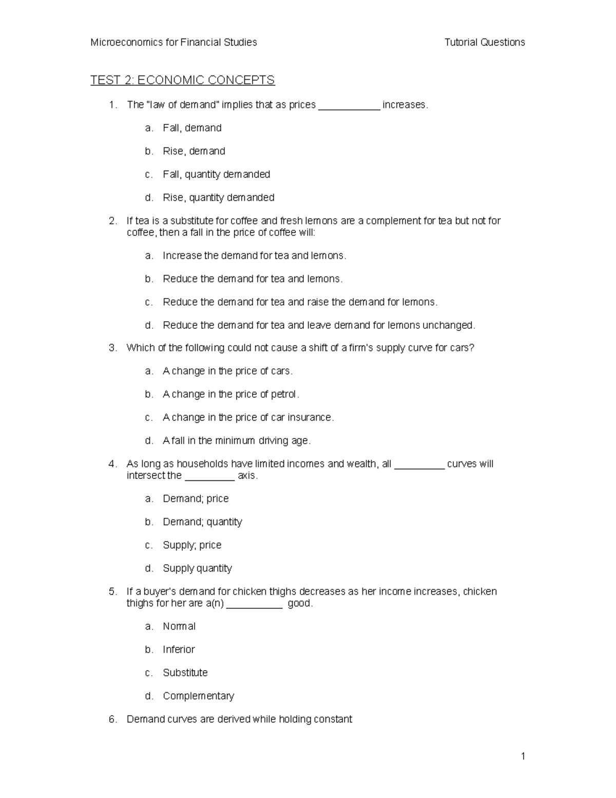 BSA020 Tutorial Qs Test 2 - Microeconomics for Financial Studies ...