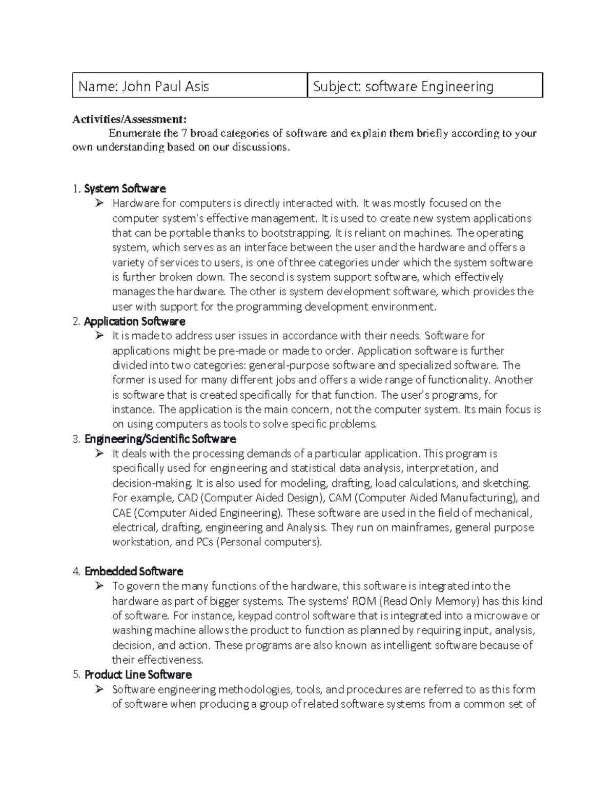SE John Paul Asis Activity#1 - Name: John Paul Asis Subject: software Engineering - Studocu