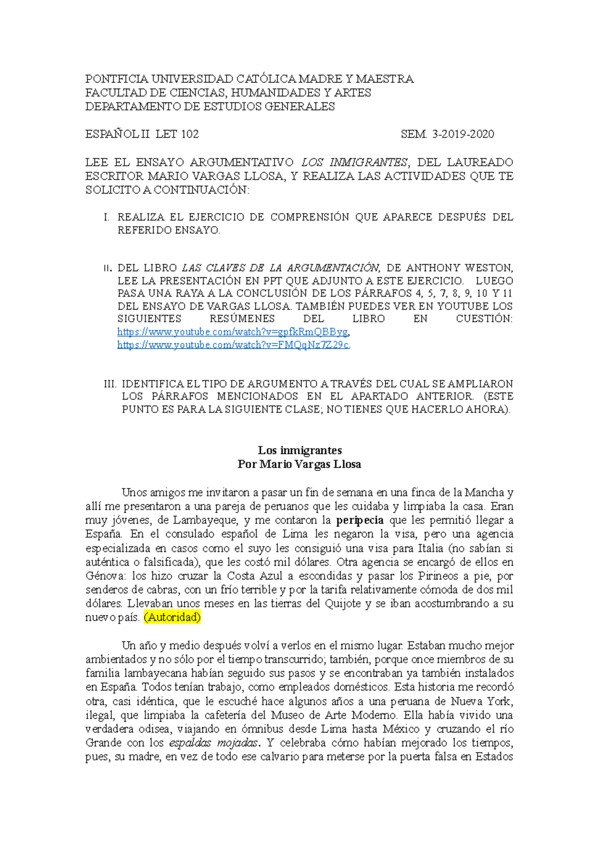 3-2019-2020. Ejercicio de comprensión Los inmigrantes - PONTFICIA ...