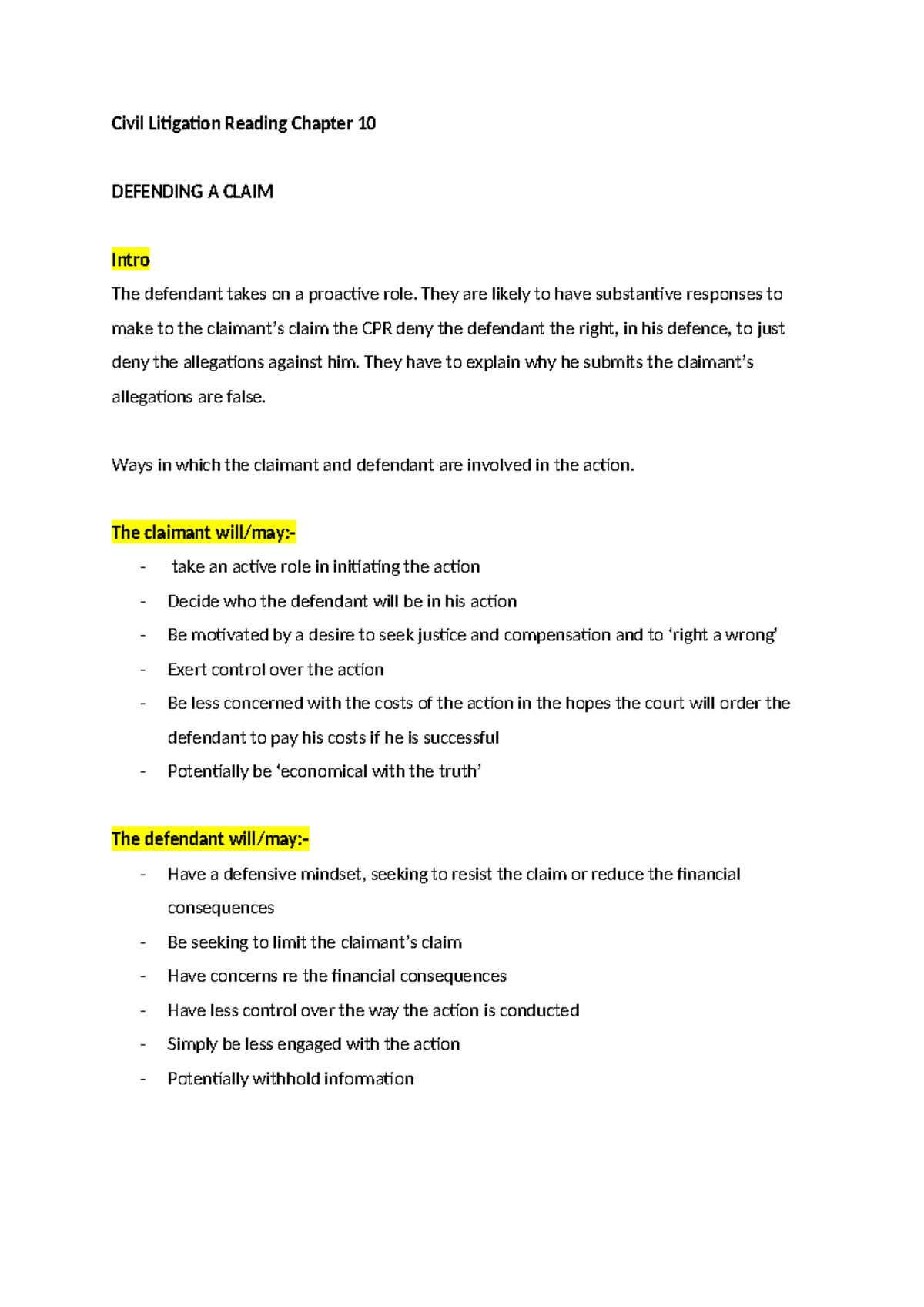 Ch 10 - defending a claim - Civil Litigation Reading Chapter 10 ...