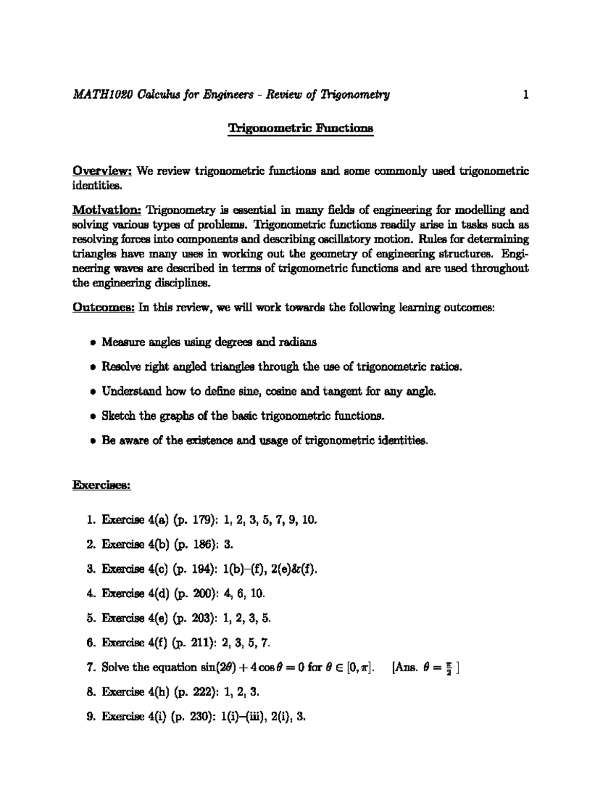 Trigonometry note - MATH1020 Calculus for Engineers - Review of ...