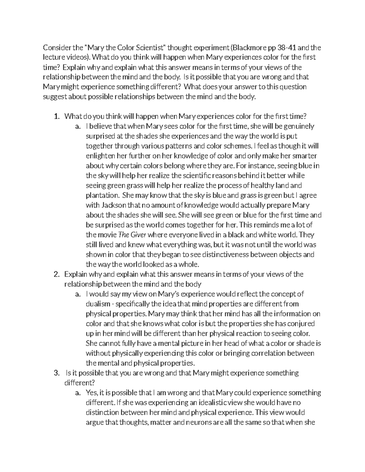 Written assignment 6 workings of the mind - Consider the "Mary the ...