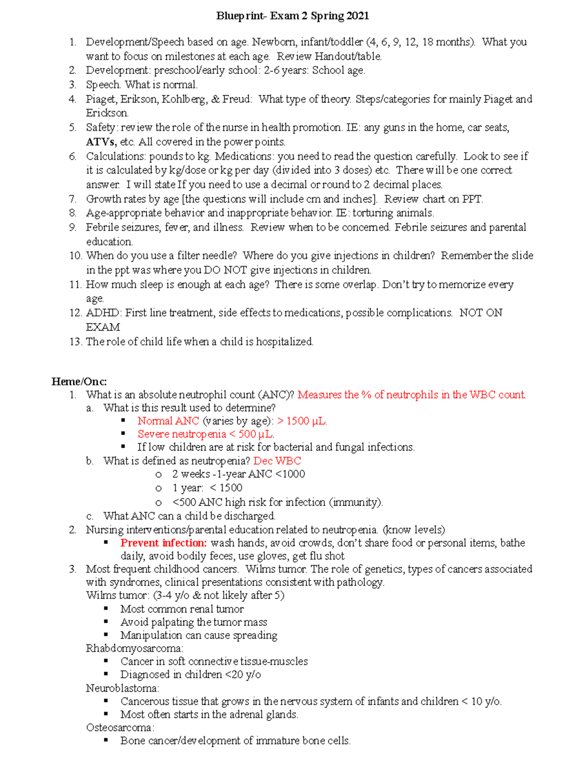 Peds Blue Print Exam 2 - notes - Blueprint- Exam 2 Spring 2021 ...