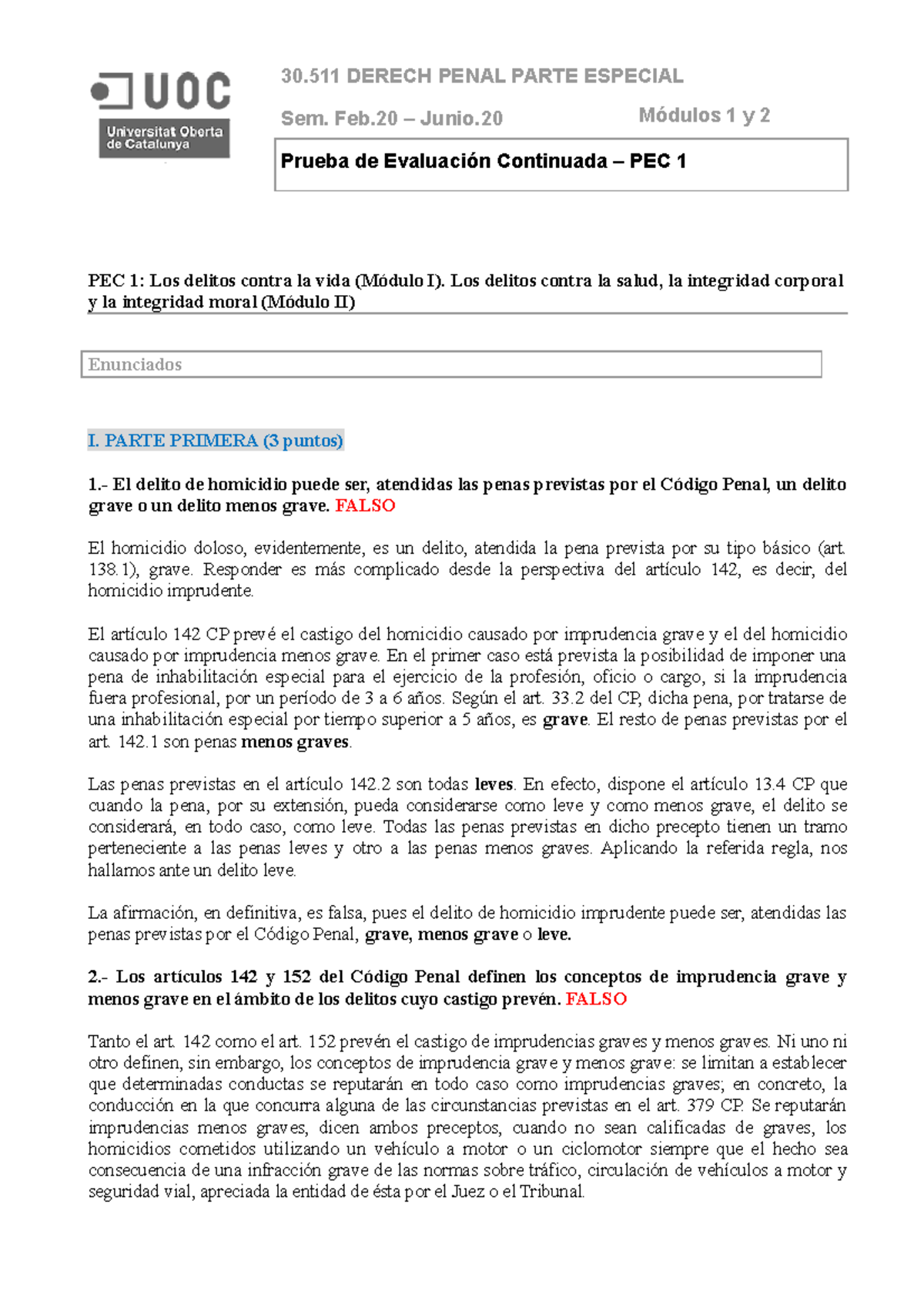 PEC 1 Soluciones - Solución PEC 1 derecho penal parte especial publicada por el profesor - 30 ...