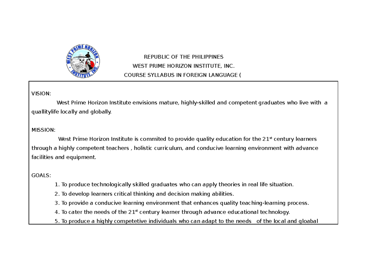 Foreign Language- Spanish - REPUBLIC OF THE PHILIPPINES WEST PRIME ...