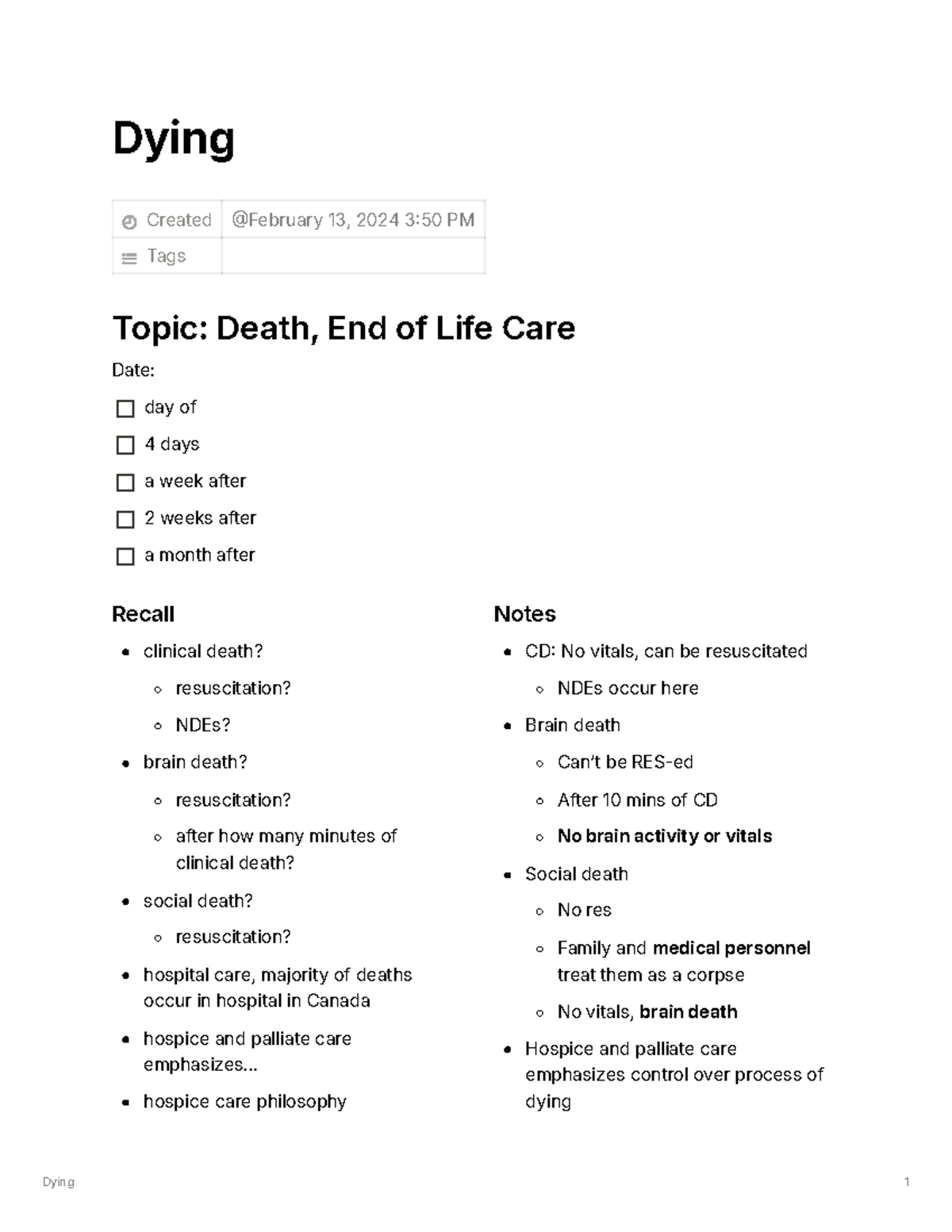 PSY2114 - Dying Lecture Notes - Dying Created Tags Topic: Death, End of ...