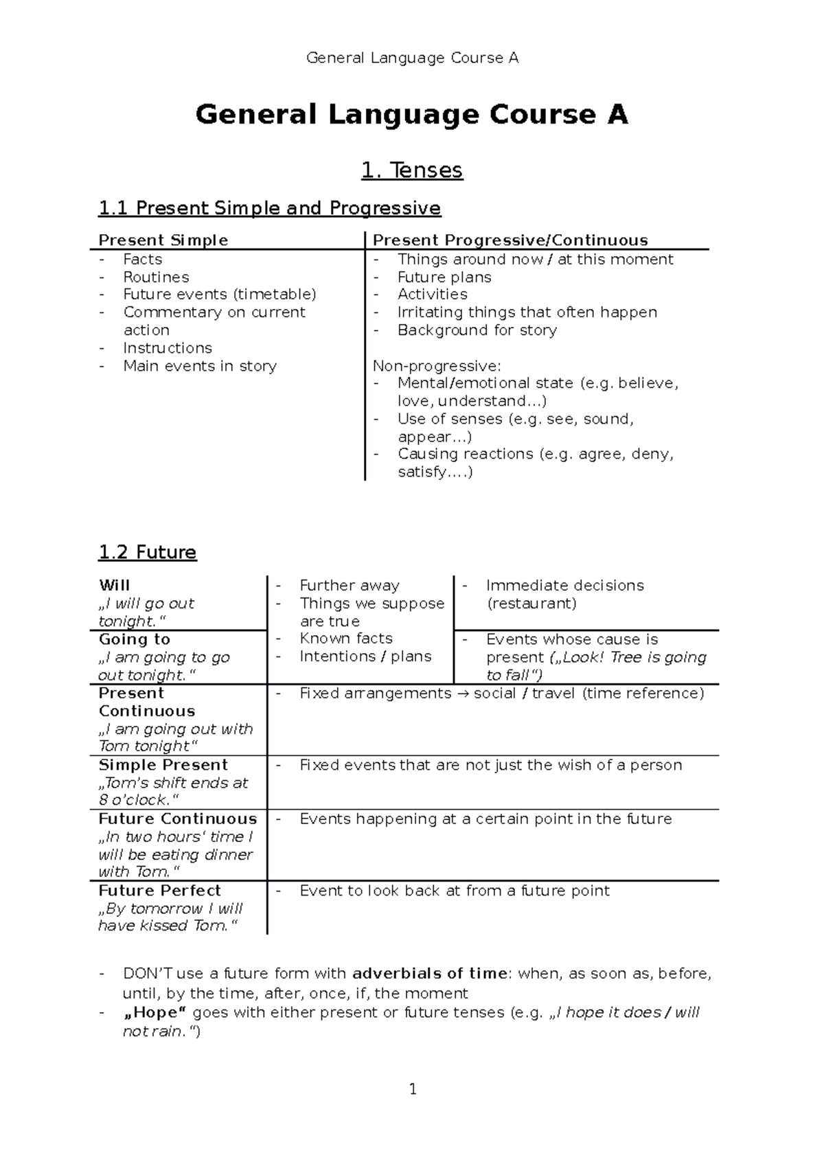 Skript GLC A - Grammar - General Language Course A 1. Tenses 1 Present ...