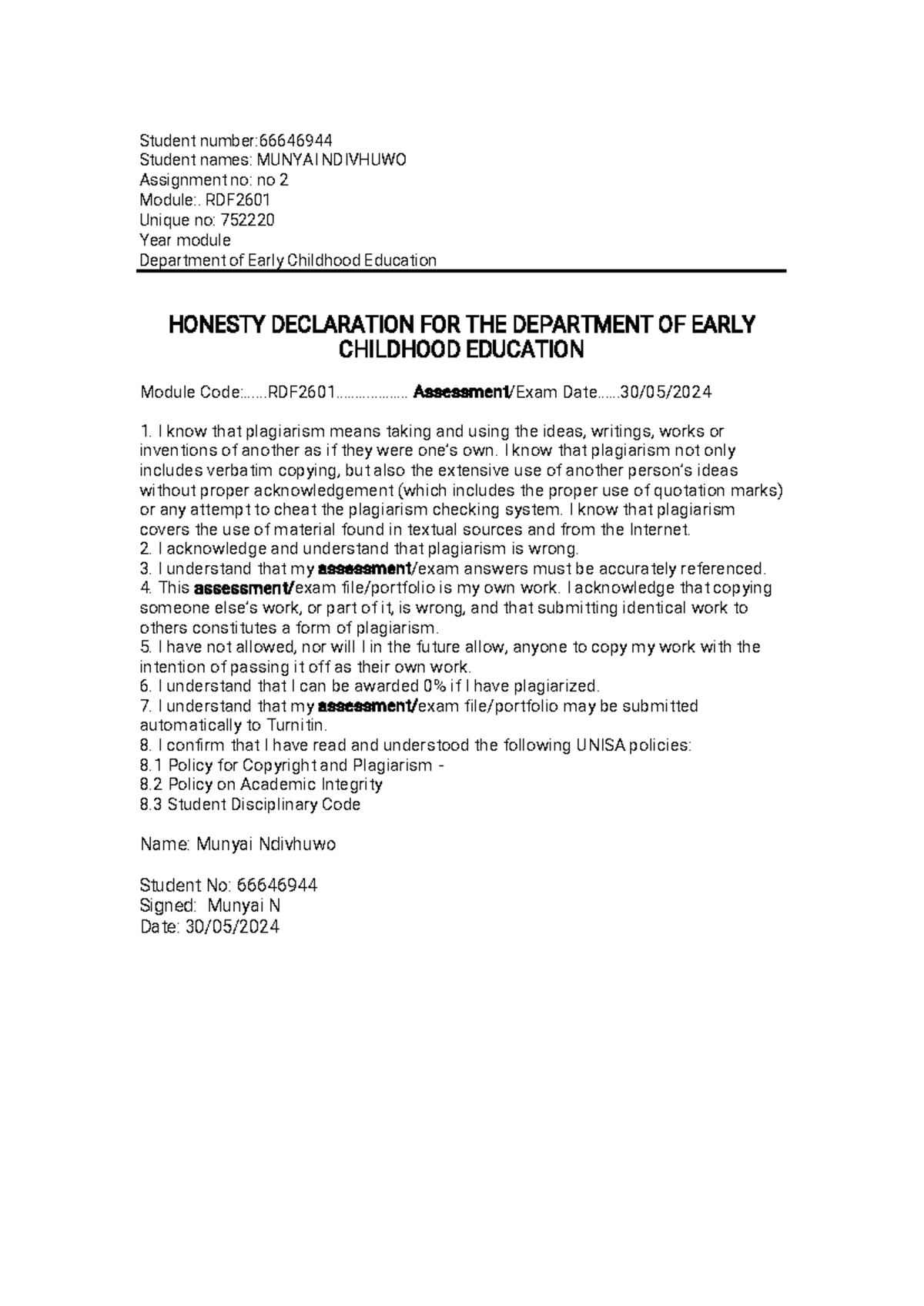 RDF2601 Assignment 2 - Studentnumber: 66646944 Studentnames:MUNYAINDIVHUWO Assignmentno:no - Studocu