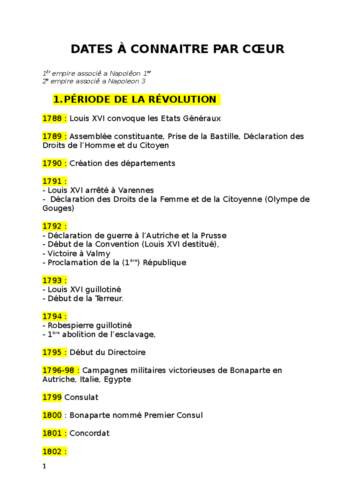Dates À Connaitre PAR CŒUR - DATES À CONNAITRE PAR CŒUR 1 Er empire ...