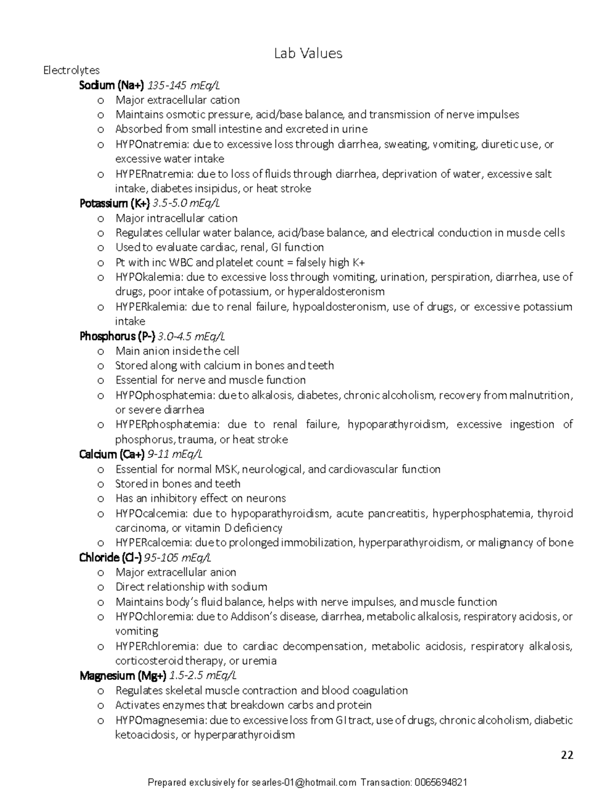 Lab values - Quick reference - 22 Lab Values Electrolytes Sodium (Na+ ...