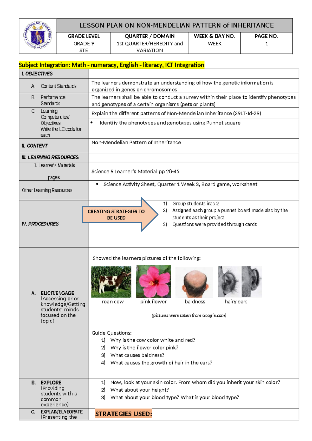 1st QPunnet Square 2022-2023 - LESSON PLAN ON NON-MENDELIAN PATTERN of ...