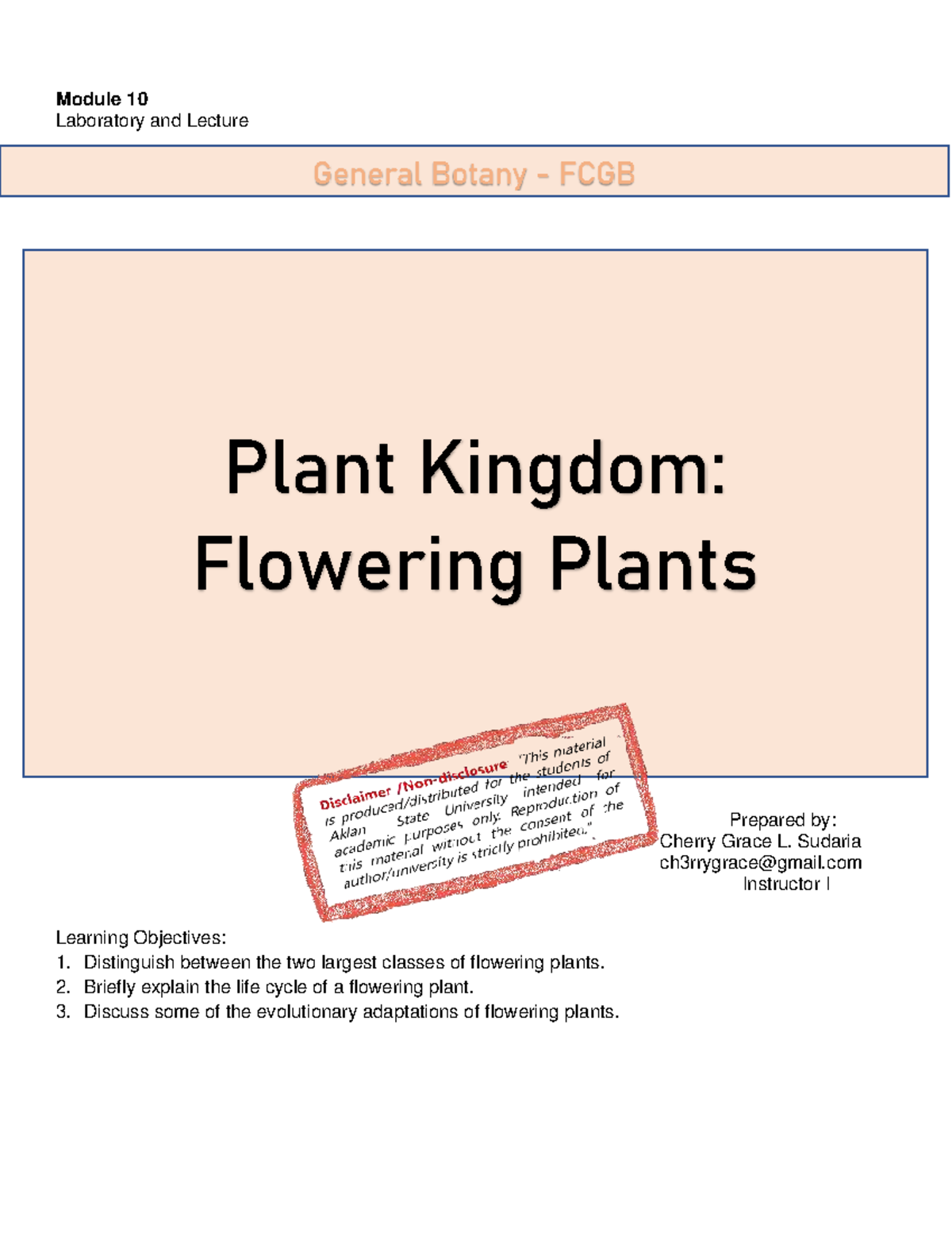 FCGB Module 10 - Lecture - Module 10 Laboratory and Lecture Prepared by: Cherry Grace L. Sudaria ...