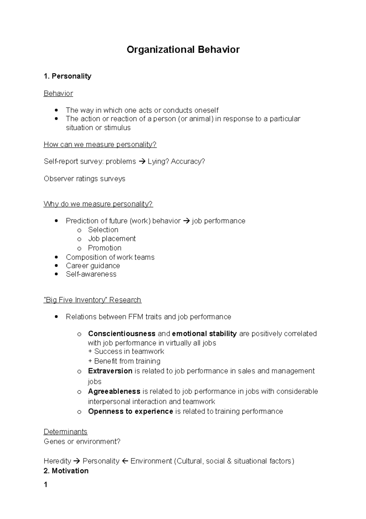 Organizational Behavior Summary - Organizational Behavior Personality ...