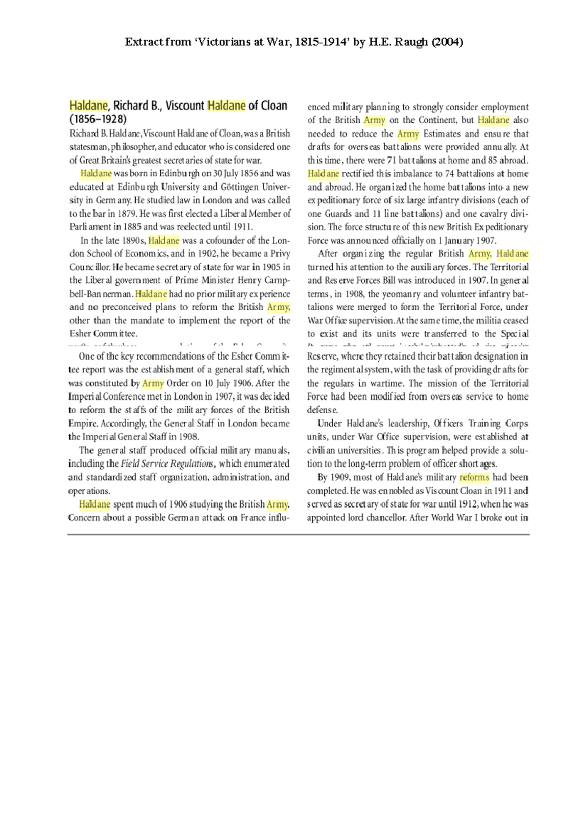 Haldane background info sheet - Extract from ‘Victorians at War, 1815 ...