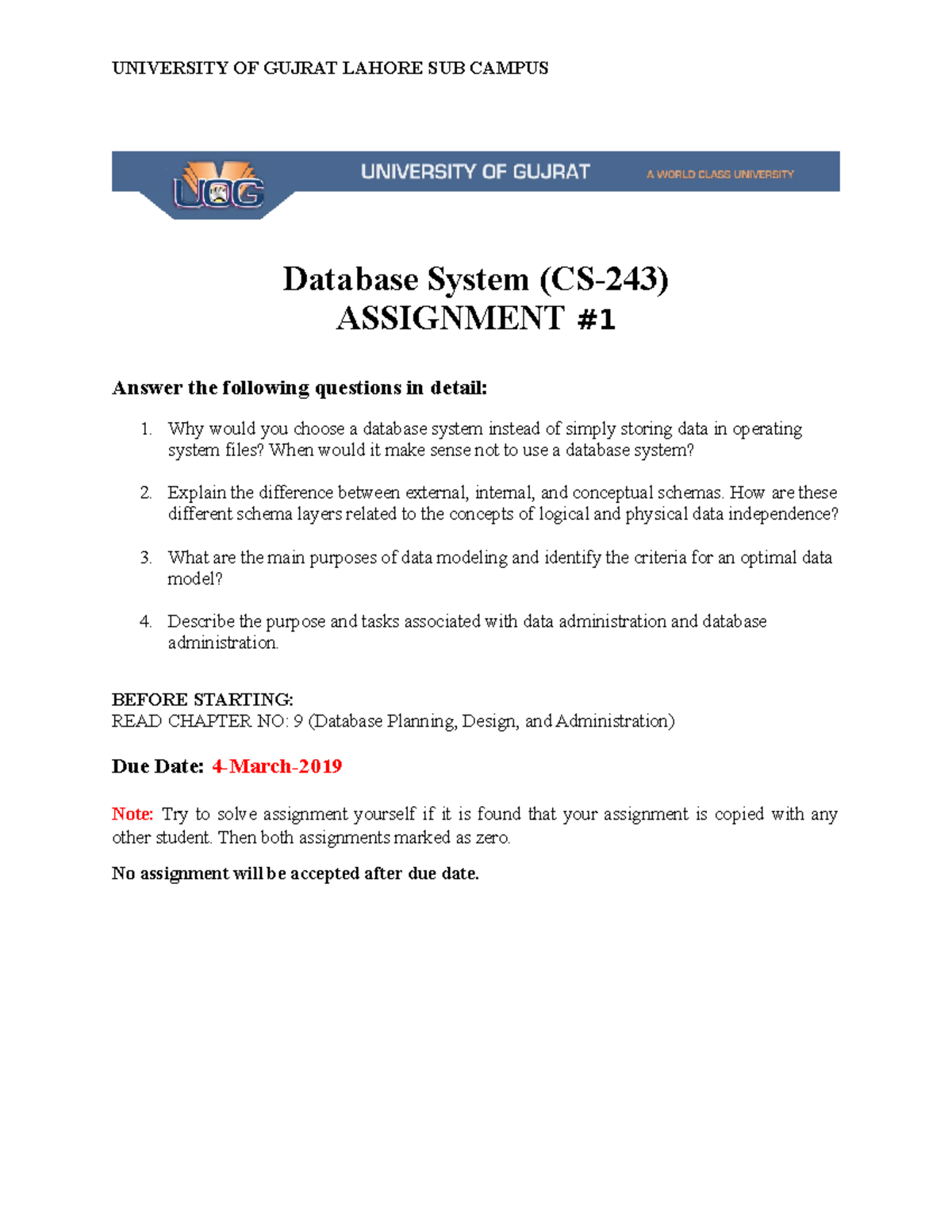 DBS(cs-243) Assignment No1 - UNIVERSITY OF GUJRAT LAHORE SUB CAMPUS Database System (CS-243 ...