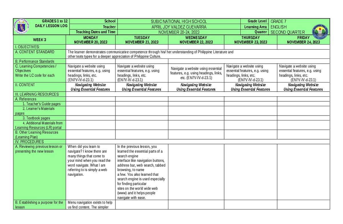 DLL2324 eng7 - Daily Lesson Log on English 7 - GRADES 1 to 12 DAILY ...