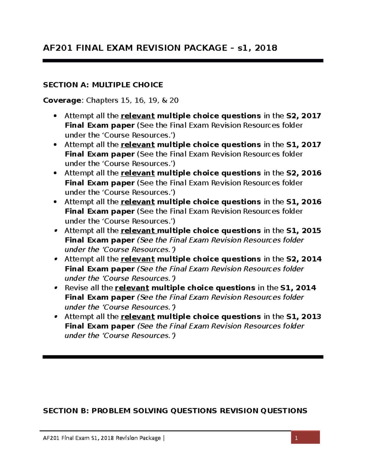 FINAL EXAM 24 October 2018, questions - AF201 FINAL EXAM REVISION ...