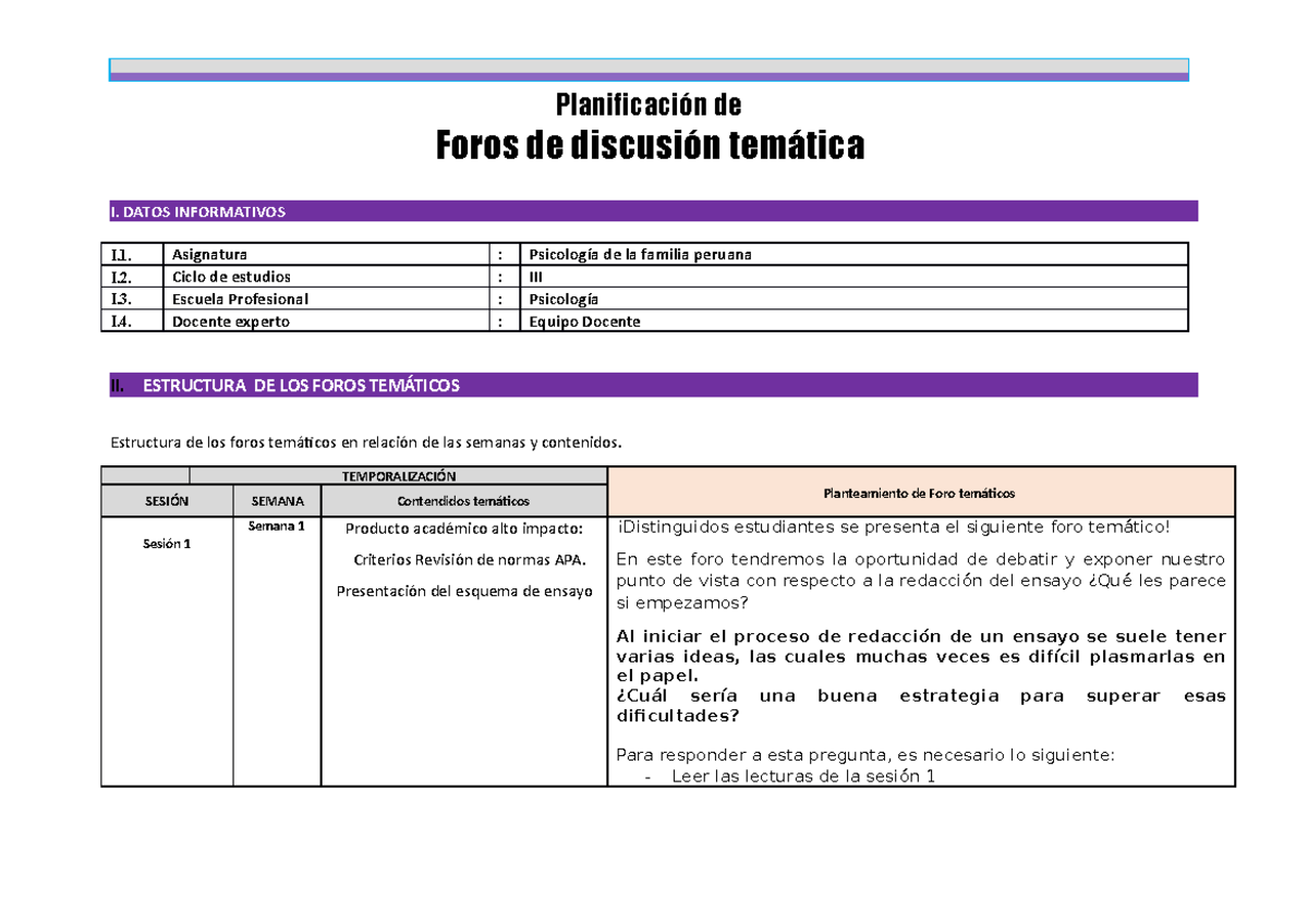 FORO DE Discusión Temática - Planificación de Foros de discusión ...