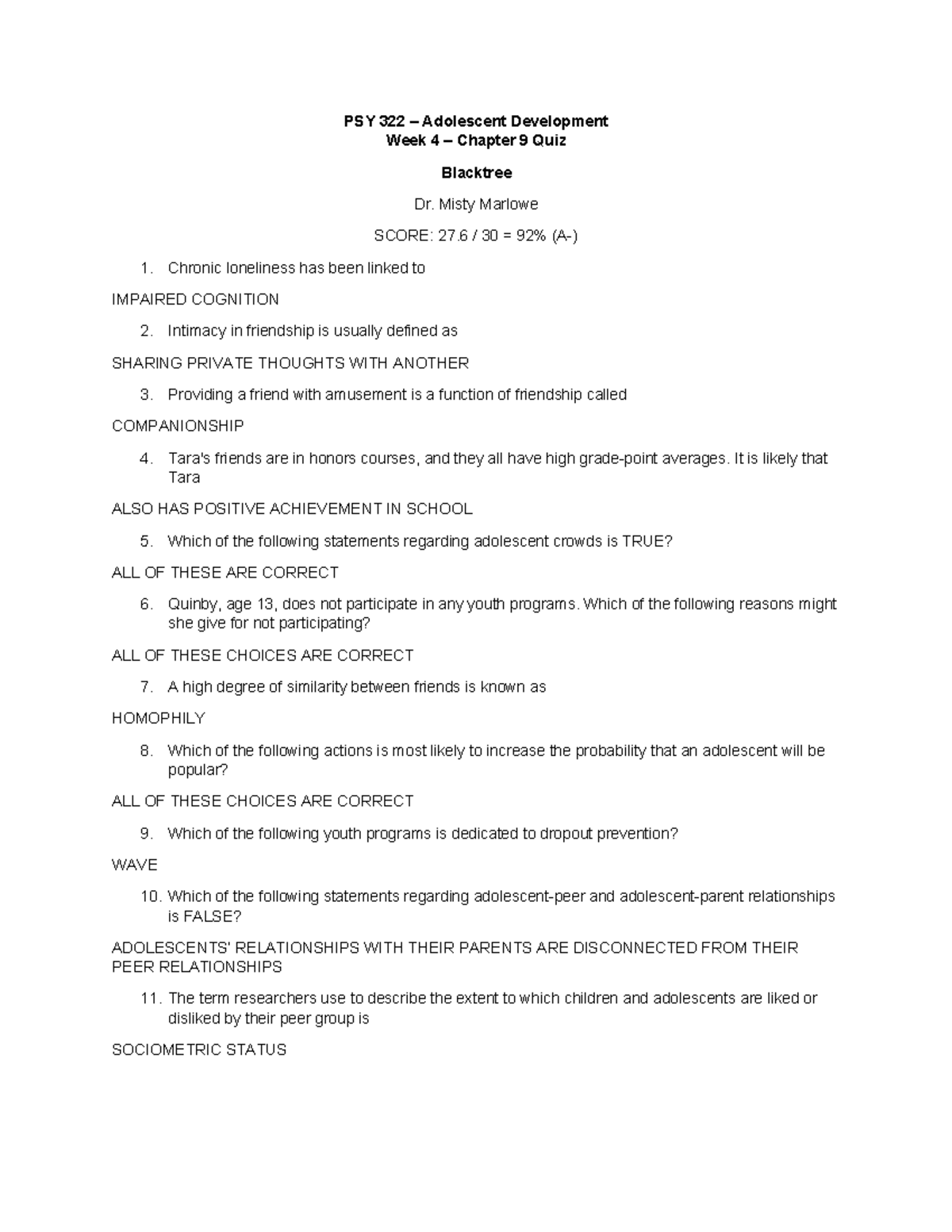 PSY322 Chapter 9 Quiz Score 92 out of 100 - PSY 322 – Adolescent ...