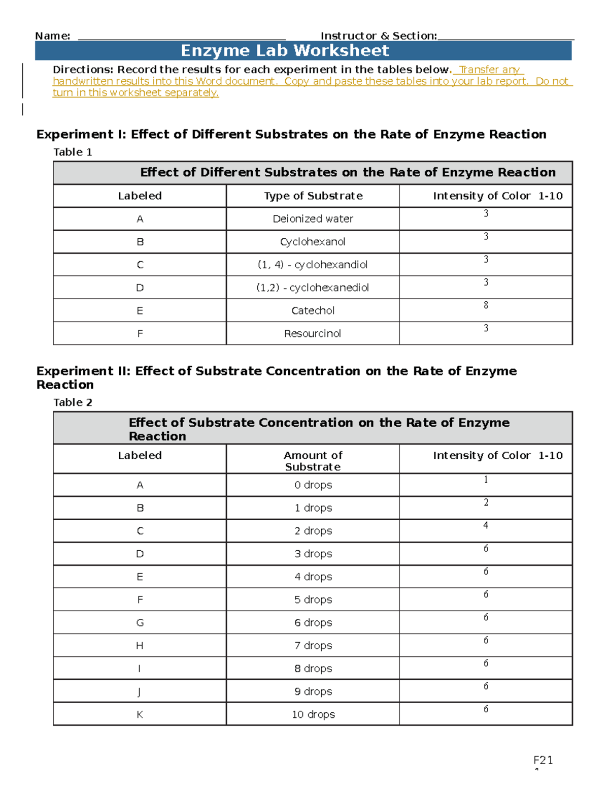 9 Enzyme Lab Worksheet F21 - Directions: Record the results for each experiment in the tables ...