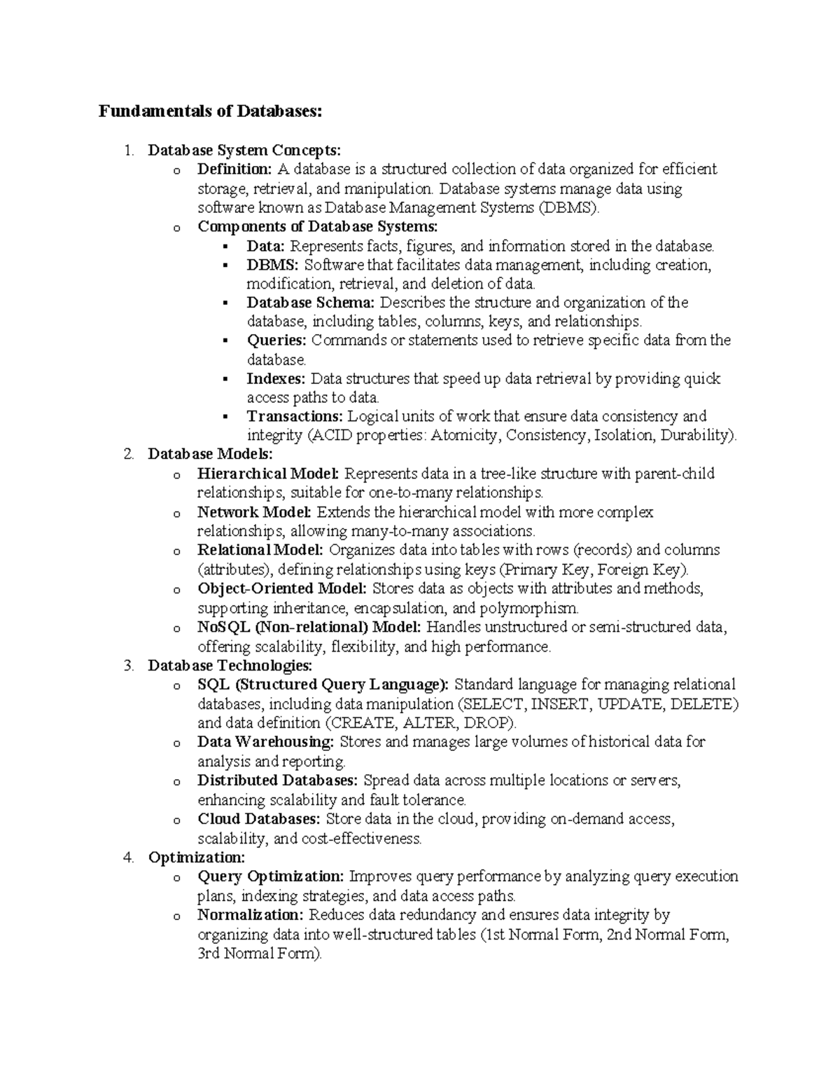 Fundamentals of Databases - Database System Concepts: o Definition: A database is a structured ...
