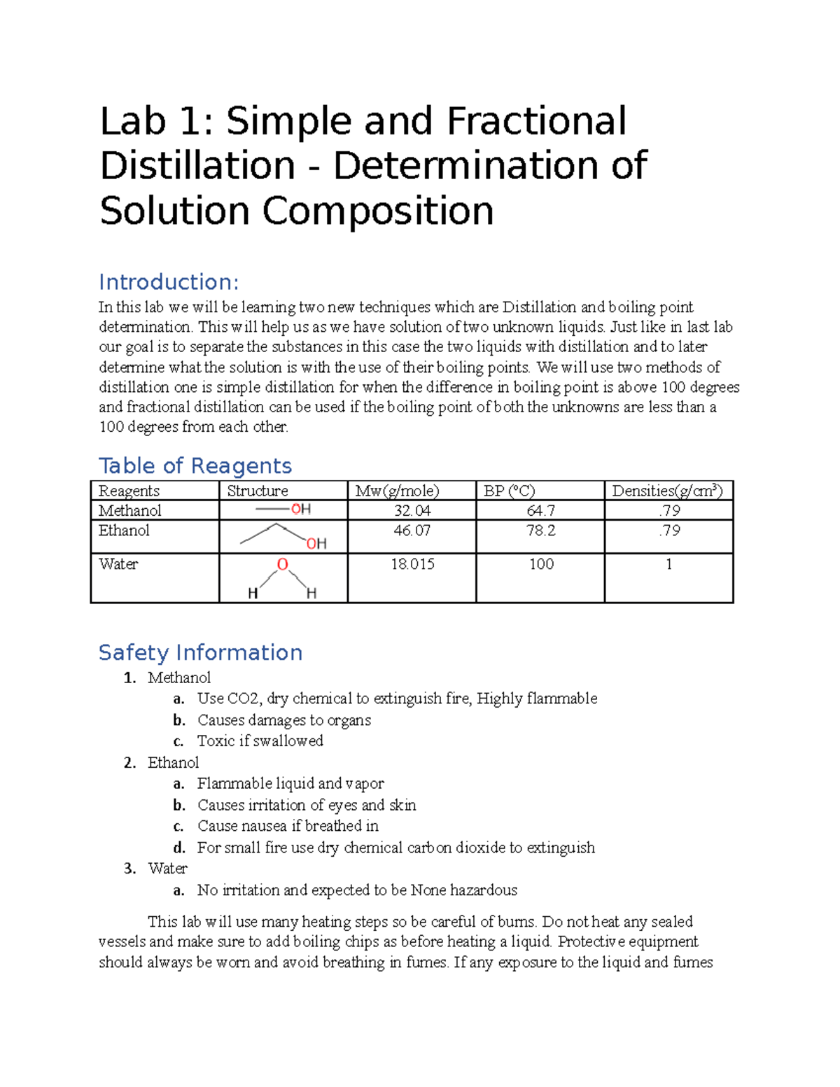 Lab 2 Distillation - Lab 1: Simple and Fractional Distillation ...