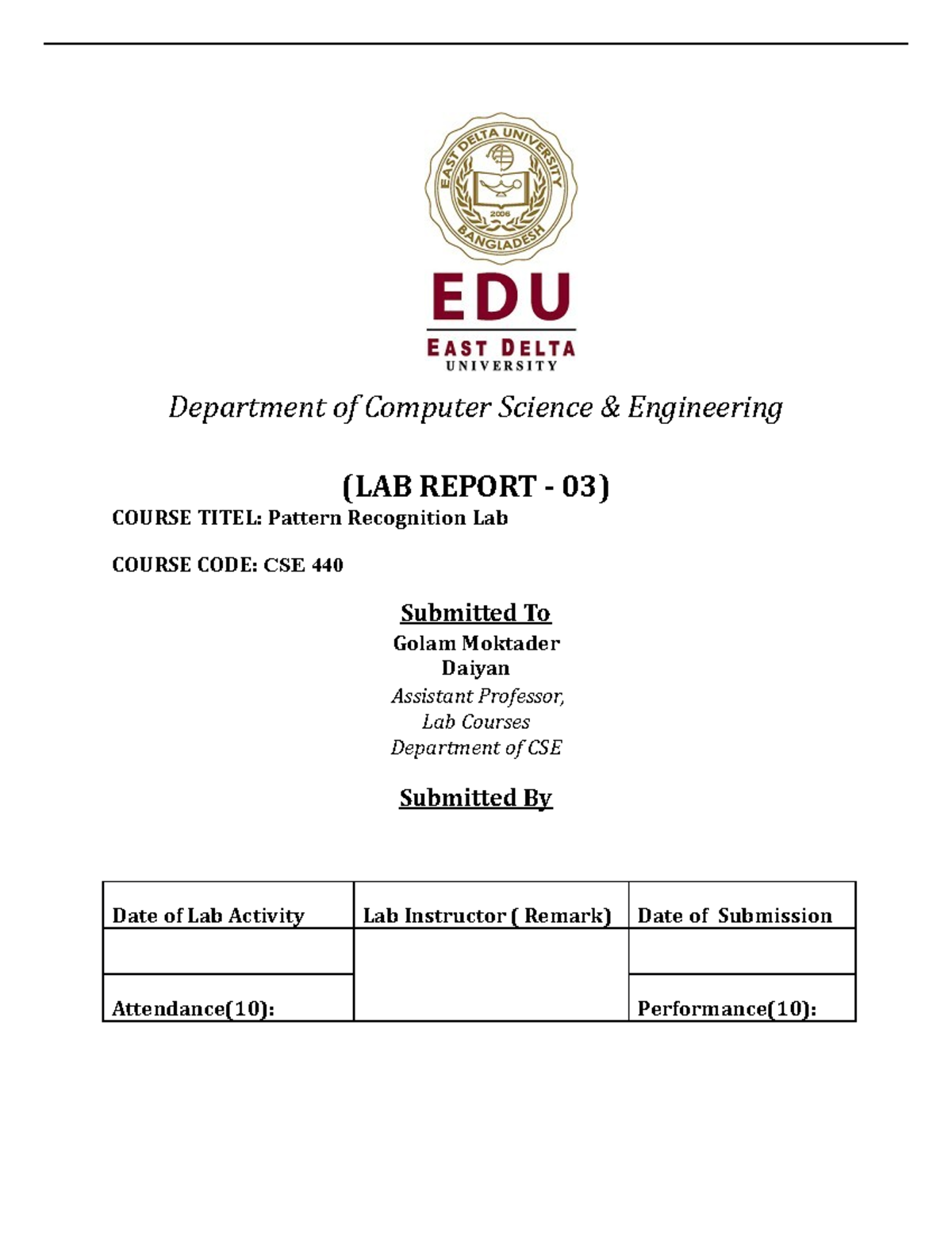 181002013 Pattern Lab 1 - Department of Computer Science & Engineering (LAB REPORT - 03) COURSE ...