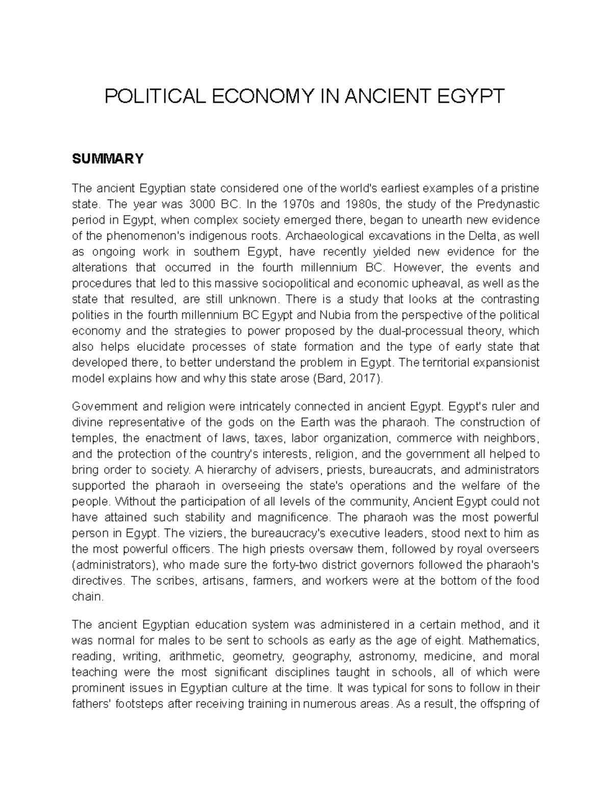 Political Economy IN Ancient Egypt summary - POLITICAL ECONOMY IN ...