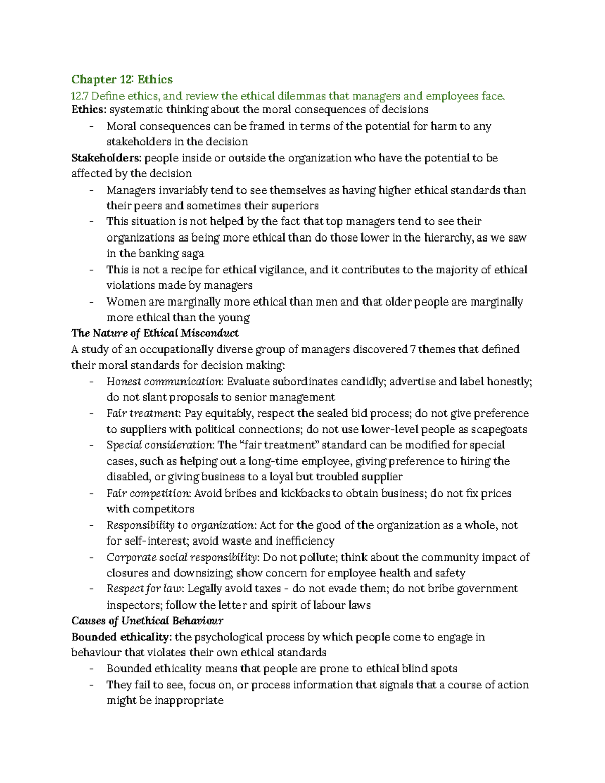 Part 3 OB Notes - Chapter 12: Ethics 12 Define ethics, and review the ...