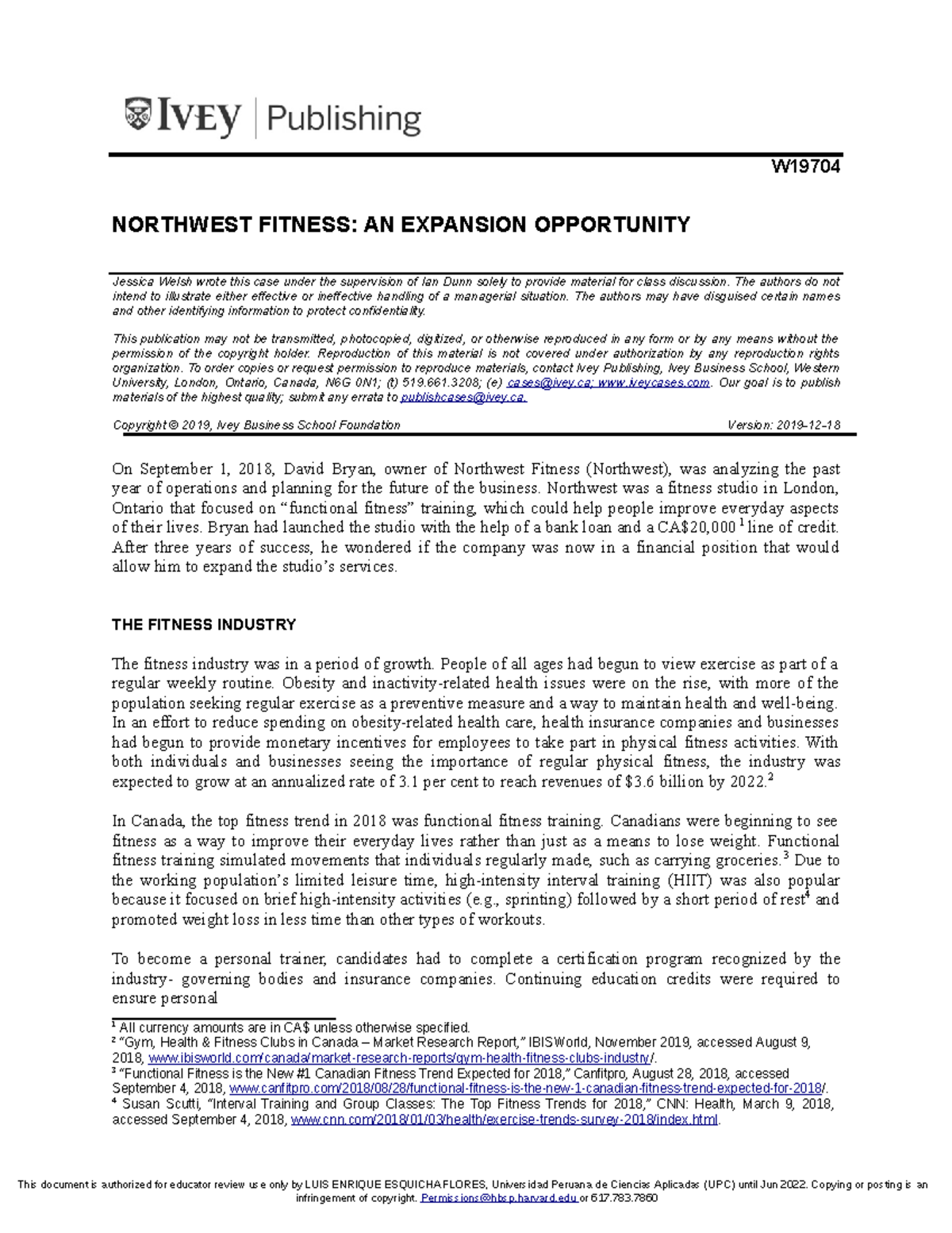 Northwest Fitness - .Caso - This document is authorized for educator ...