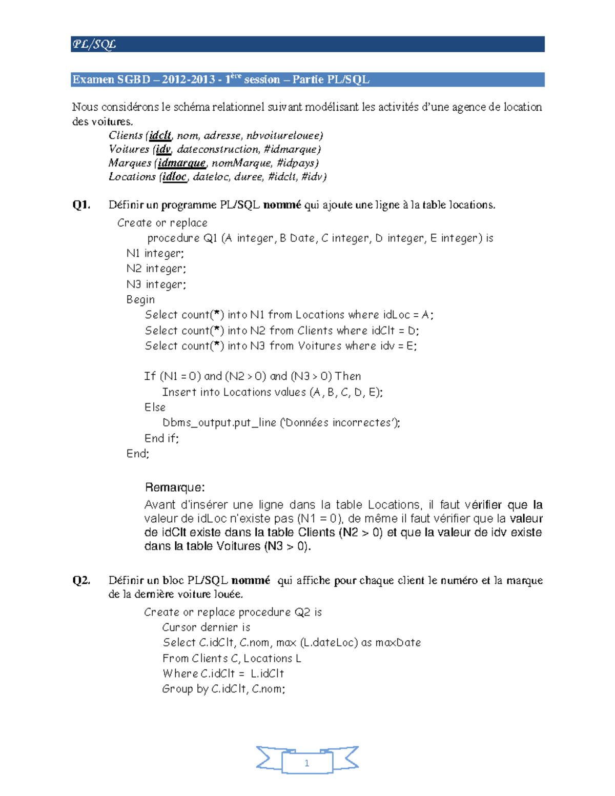 Examencorrige Sgbd Plsql Examen Sgbd 2012 2013 1ère Session