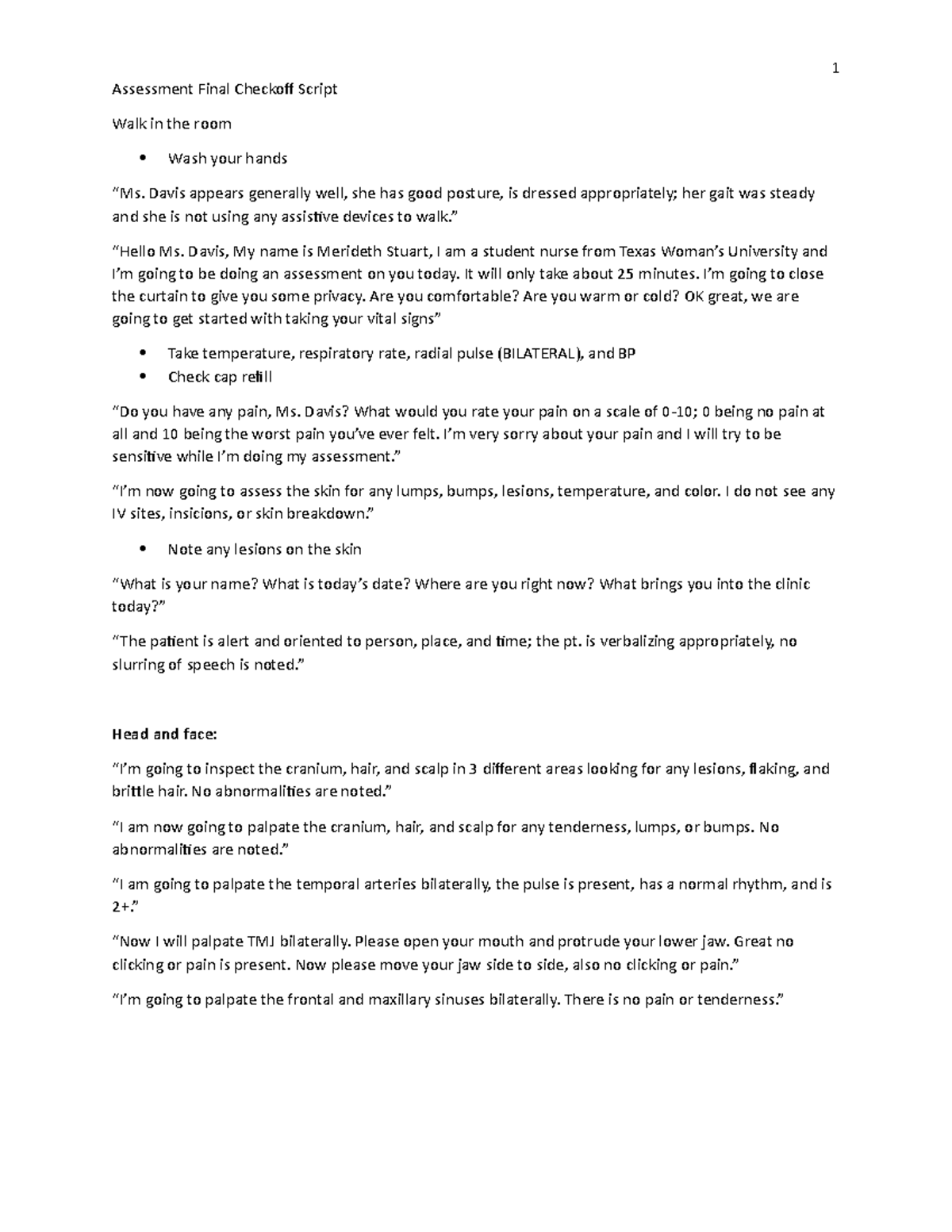 Final check off scripts - Assessment Final Checkoff Script Walk in the ...