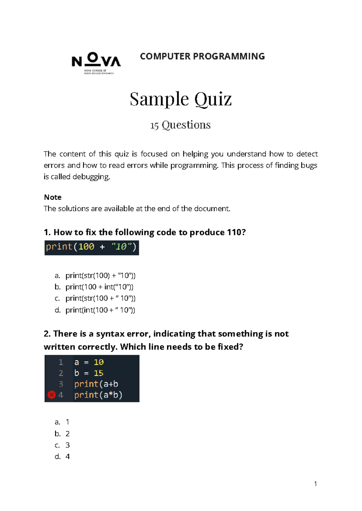 Sample Quiz ffb87625 bd718a8abb4abf5997fc0db4 - COMPUTER PROGRAMMING ...