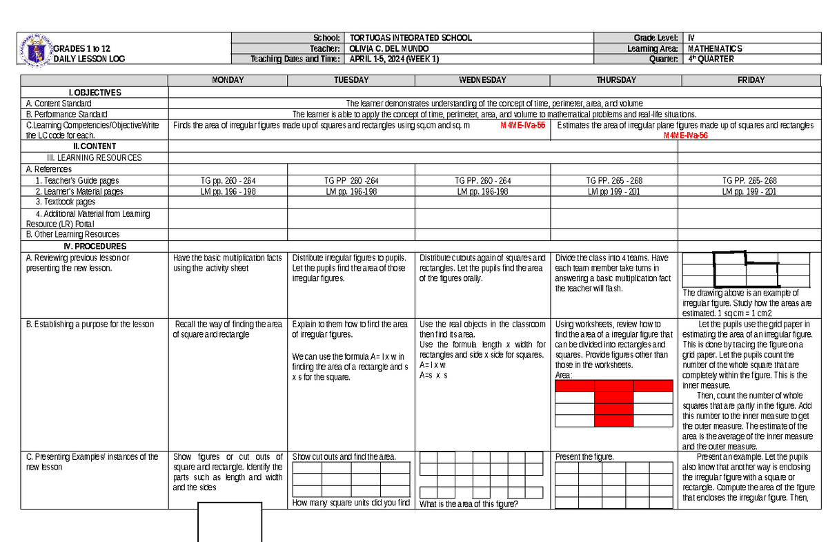 DLL Mathematics 4 Q4 W1 - GRADES 1 to 12 DAILY LESSON LOG School ...