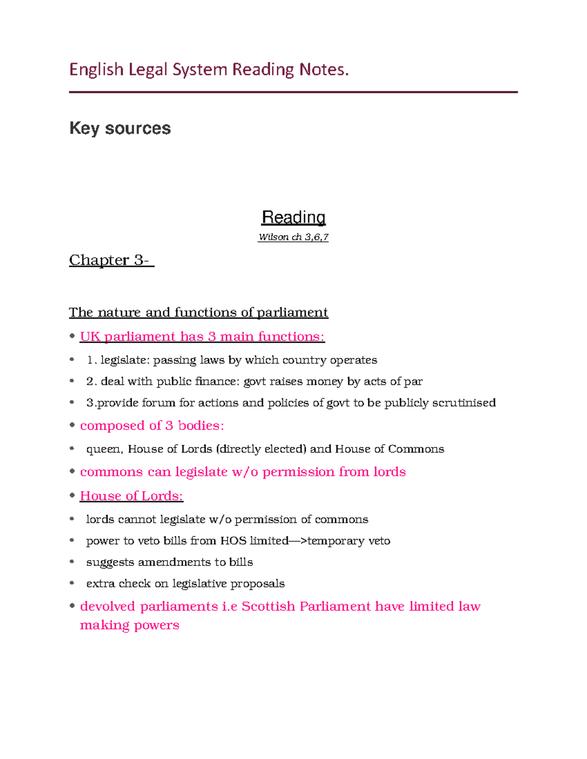 English Legal System Reading Notes - Key sources Reading Wilson ch 3,6 ...