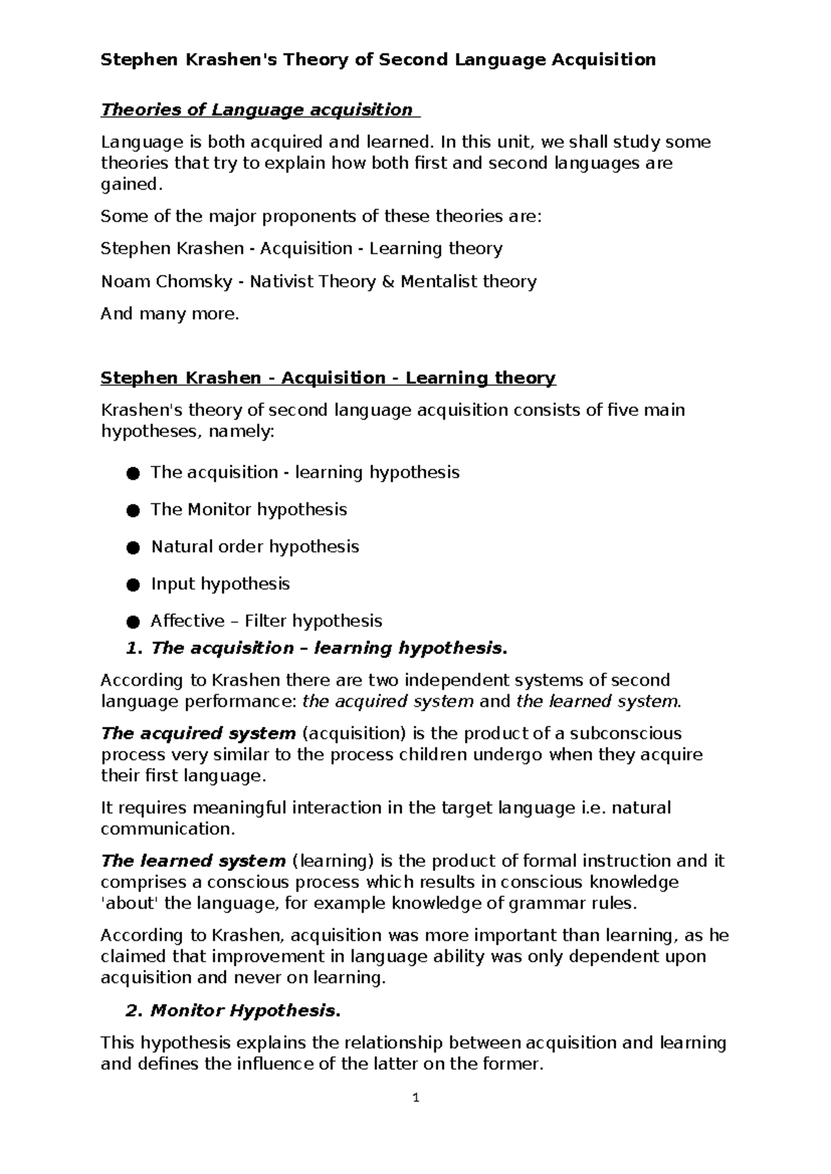 Theories of Language Acquisition - Stephen Krashen's Theory of Second ...