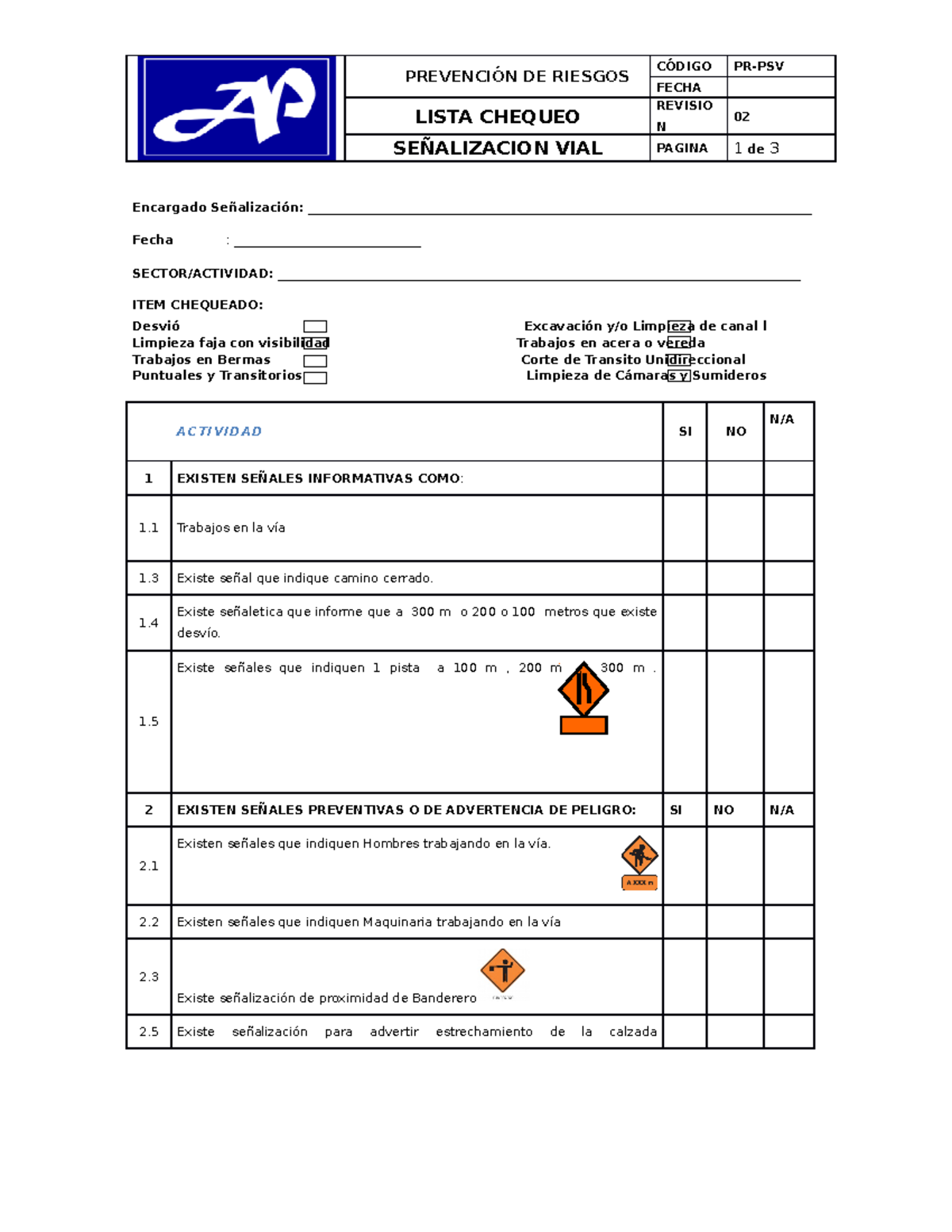 Check LIST Señalizacion VIAL - PREVENCIÓN DE RIESGOS CÓDIGO PR-PSV ...