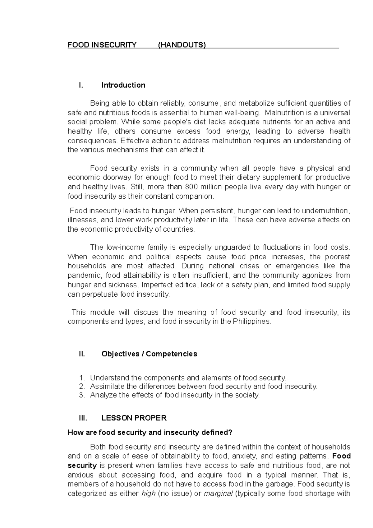 FOOD- Insecurity - Lecture notes 1 - FOOD INSECURITY (HANDOUTS) I ...